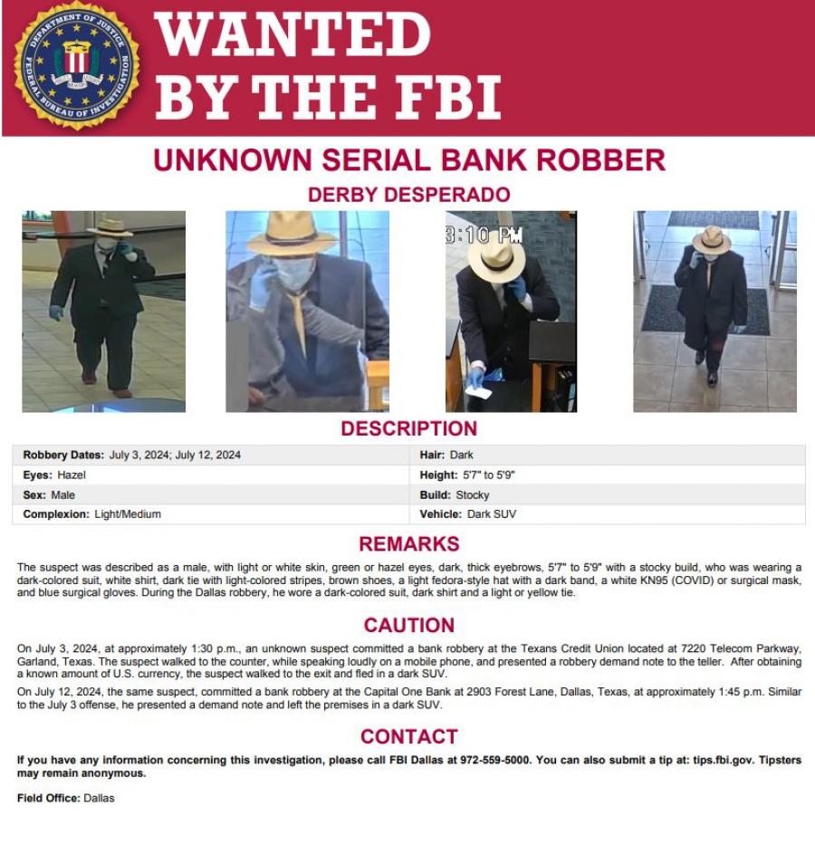 Fbi Seeks Publics Help In Identifying Well Dressed Texas Bank Robber